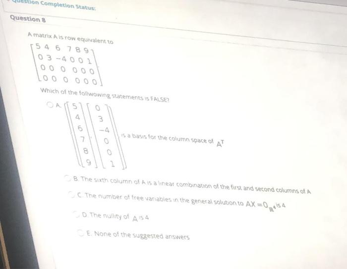 Solved estion Completion Status Question 8 Amatrix Alstow | Chegg.com