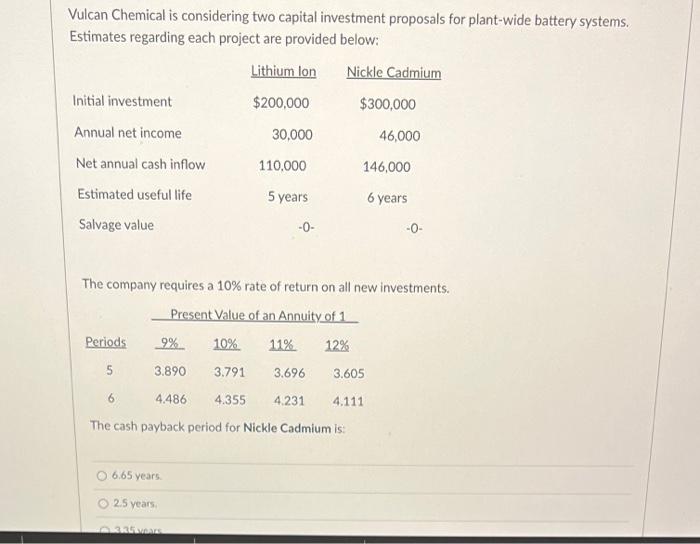 Solved Vulcan Chemical is considering two capital investment | Chegg.com