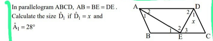 Solved In parallelogram ABCD,AB=BE=DE. ﻿Calculate the size | Chegg.com