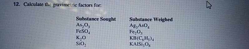 Solved 12. Calculate the gravimetric factors for: Substance | Chegg.com