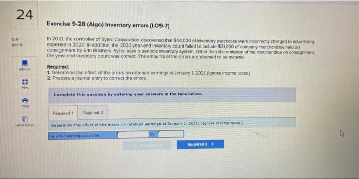 Solved 24 Exercise 9-28 (Algo) Inventory errors [LO9-7) 0.4 | Chegg.com