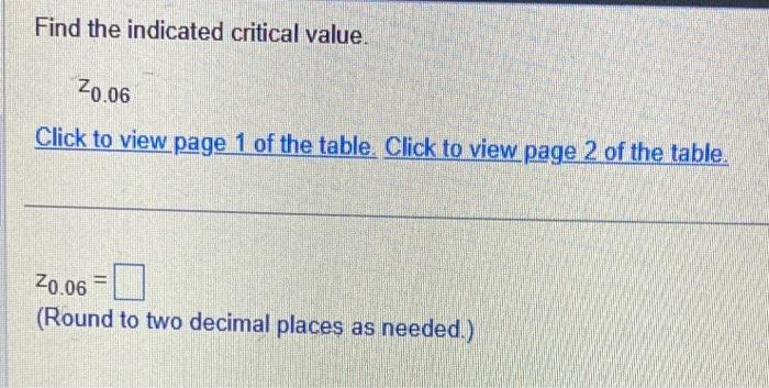 Solved Find the indicated critical value. Z0.06 Click to | Chegg.com