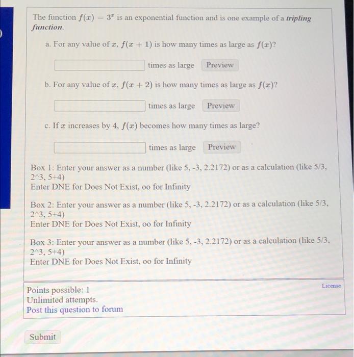 Solved The function f(x) = 3' is an exponential function and | Chegg.com