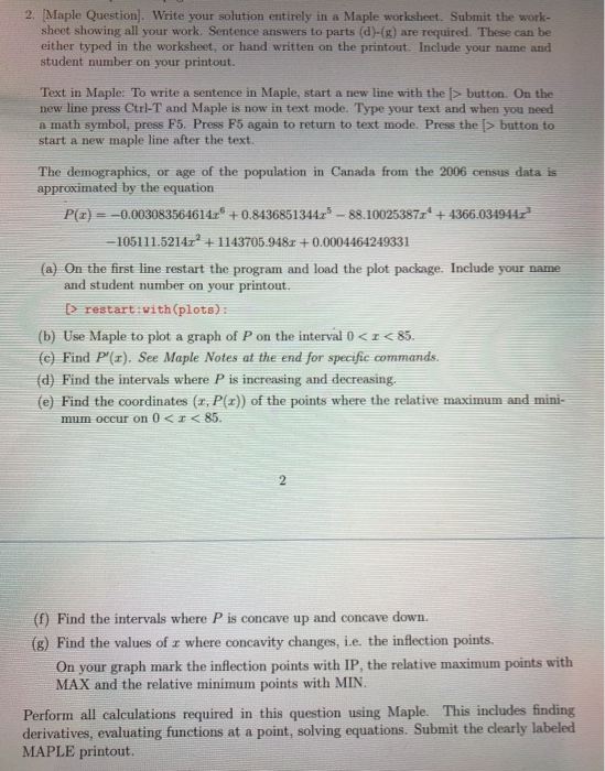 2. Maple Question). Write your solution entirely in a | Chegg.com