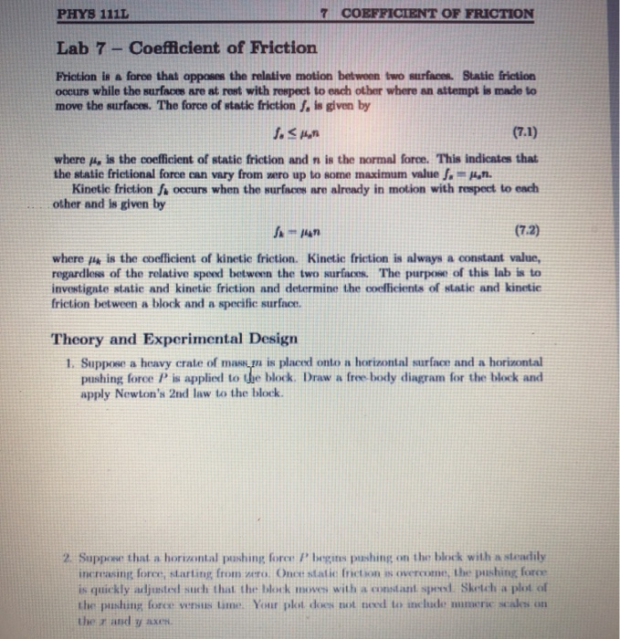 Solved PHYS 111L 7 COEFFICIENT OF FRICTION Lab 7 - | Chegg.com