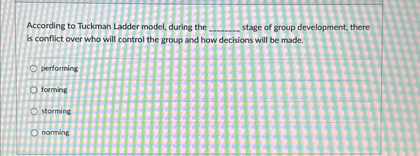 Solved According to Tuckman Ladder model, during the q, | Chegg.com