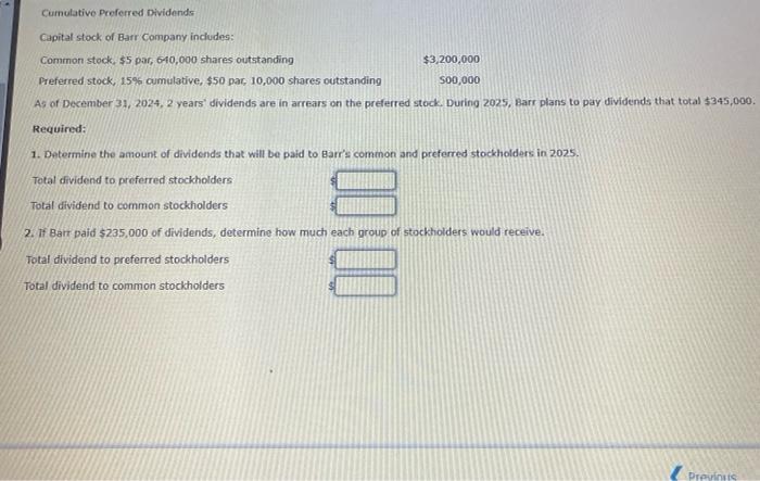 Solved Cumulative Preferred Dividends Capital stock of Barr | Chegg.com