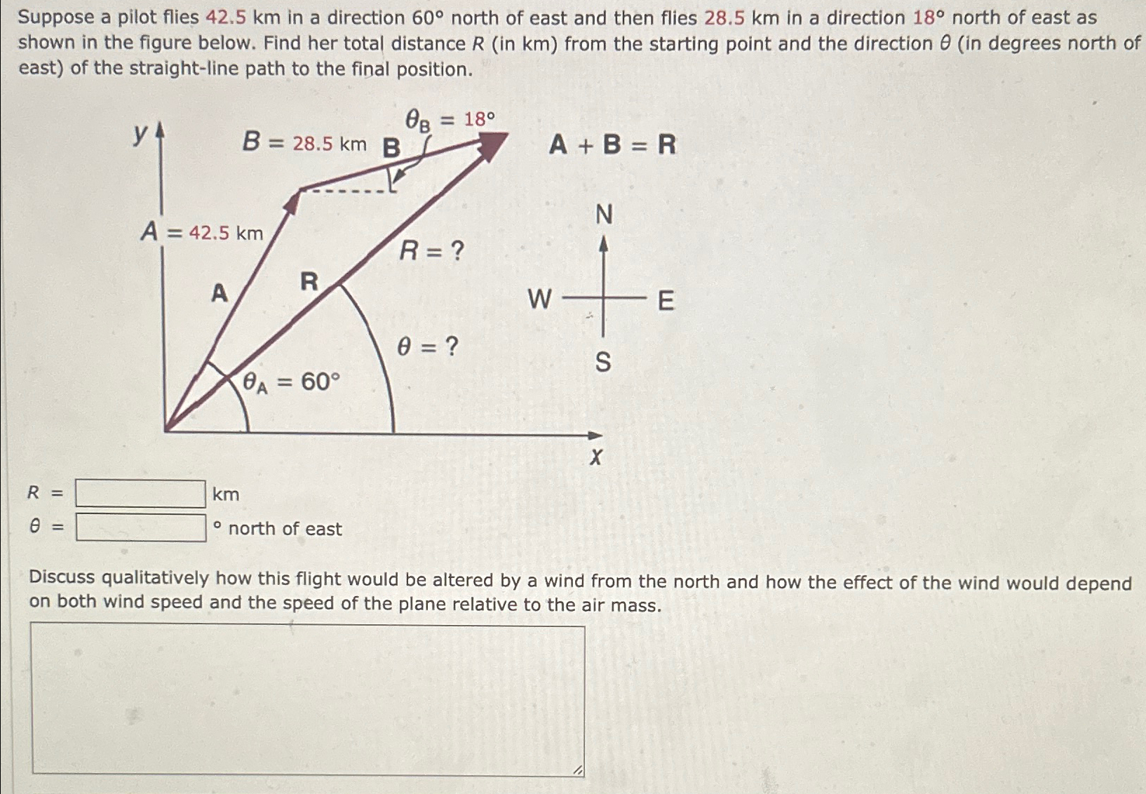 Solved Suppose a pilot flies 42.5km ﻿in a direction 60° | Chegg.com