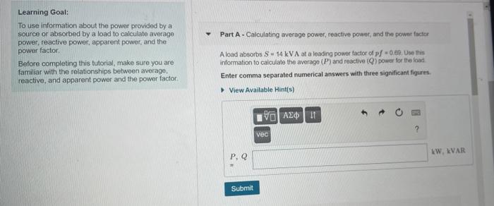 Solved Part A. Calculating average power, reactive power, | Chegg.com