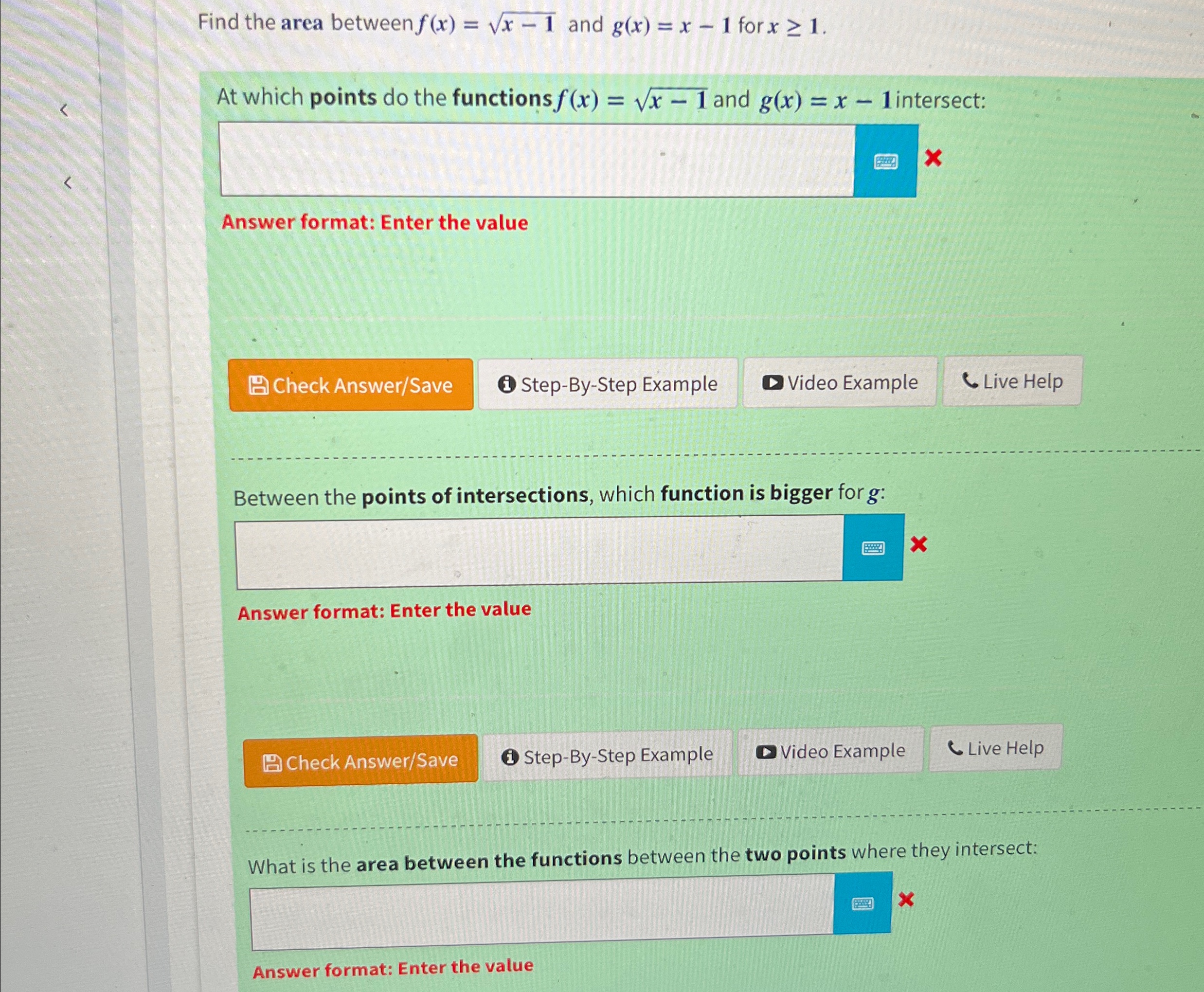 Solved Find the area between f(x)=x-12 ﻿and g(x)=x-1 ﻿for | Chegg.com