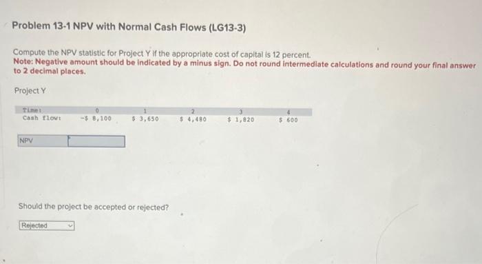 Solved Problem 13-1 NPV with Normal Cash Flows (LG13-3) | Chegg.com