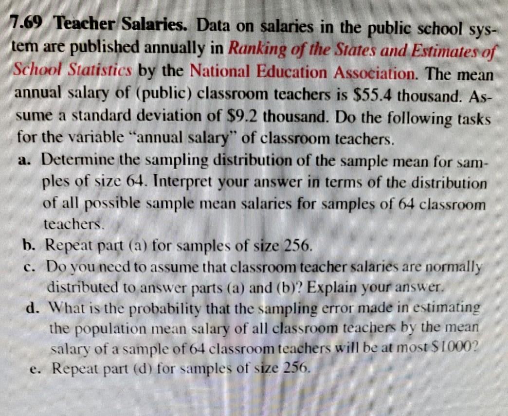 Solved 7.69 Teacher Salaries. Data on salaries in the public | Chegg.com