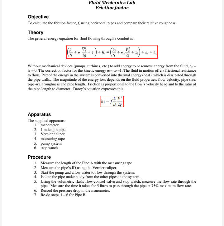 Solved Fluid Mechanics Lab Friction factor Objective To | Chegg.com