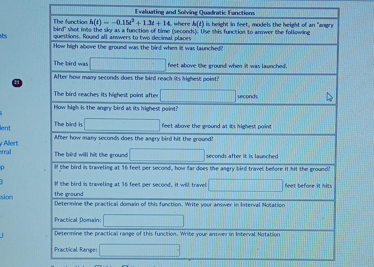Evaluating and Solving Quadratic Functions The | Chegg.com