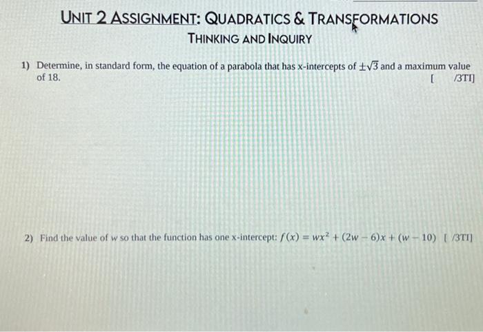 Solved UNIT 2 ASSIGNIMENT: QUADRATICS \\& TRANSFORMATIONS | Chegg.com