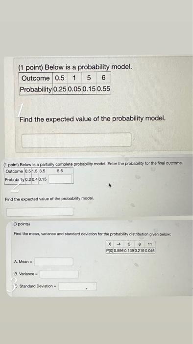 Solved (1 point) Below is a probability model. Find the | Chegg.com
