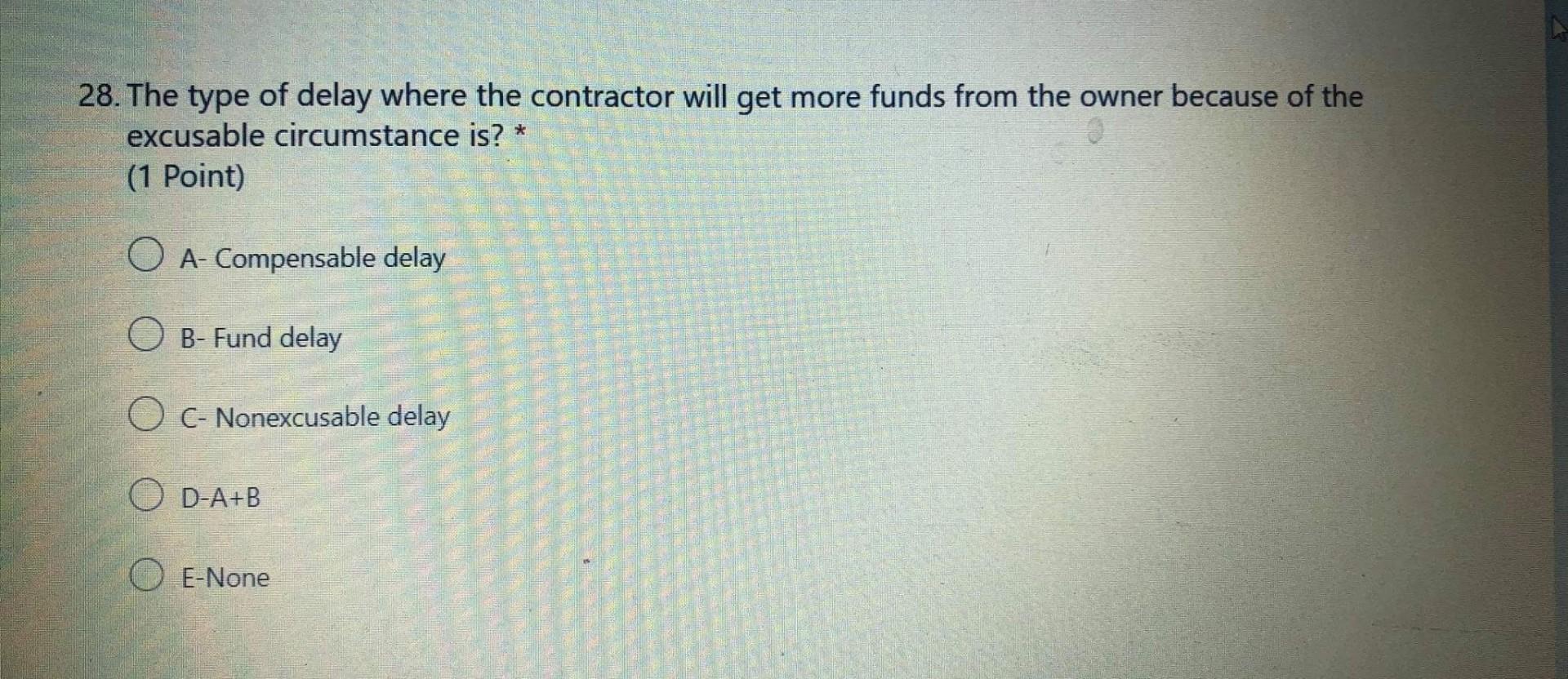 Solved 28. The type of delay where the contractor will get | Chegg.com