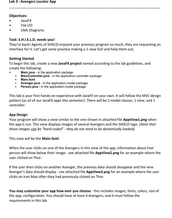 Lab 3: Avengers Locator App Objectives: JavaFX File | Chegg.com