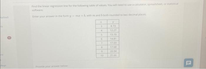Solved Find the linear regression line for the following | Chegg.com