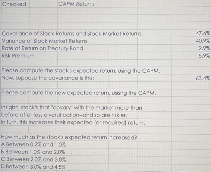 Solved Checked CAPM Returns Covariance of Stock Returns and | Chegg.com