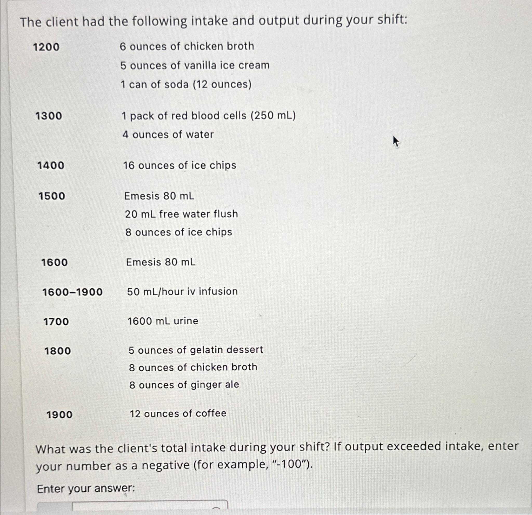 Solved The client had the following intake and output during | Chegg.com