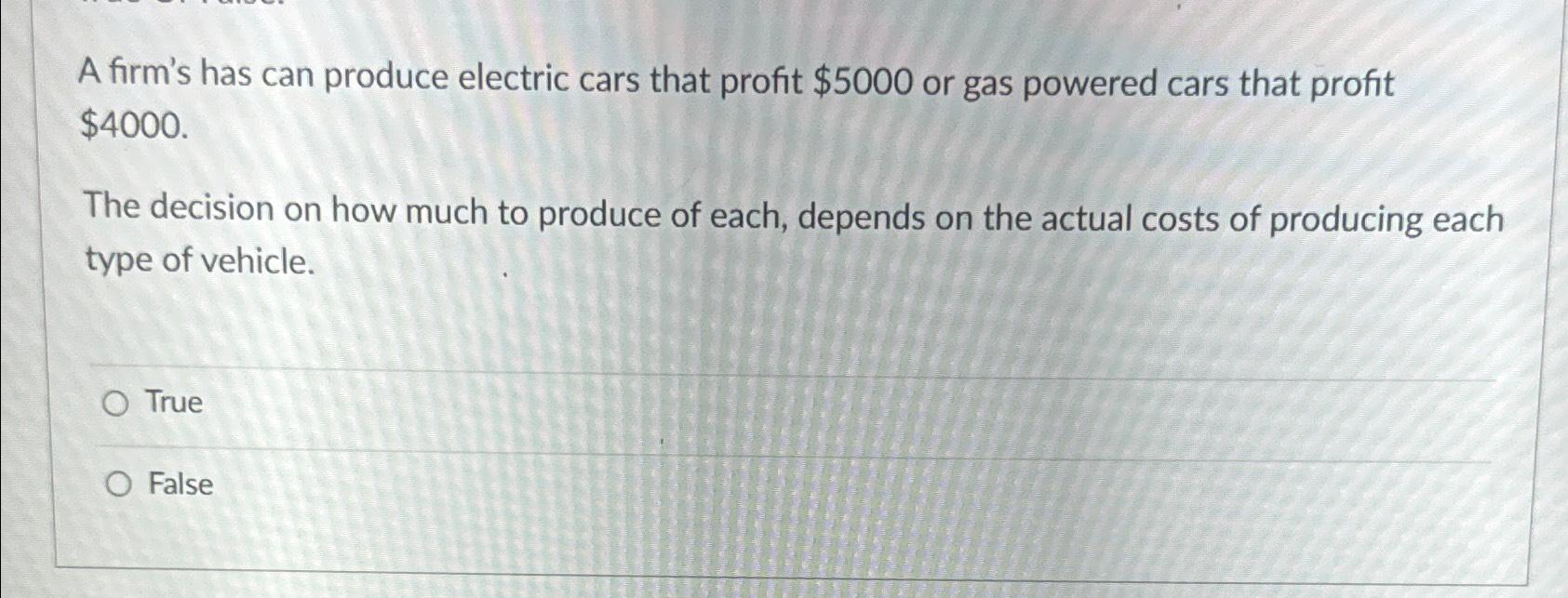Solved A firm's has can produce electric cars that profit | Chegg.com