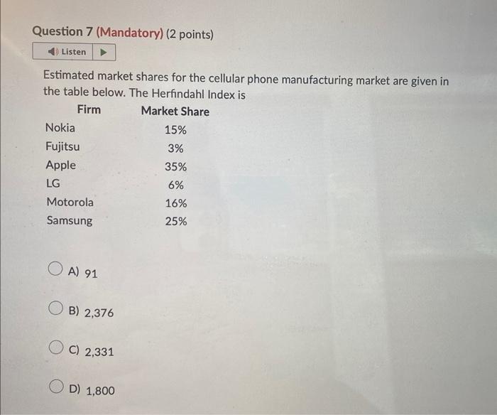 Solved Question 7 (Mandatory) ( 2 points) Estimated market | Chegg.com