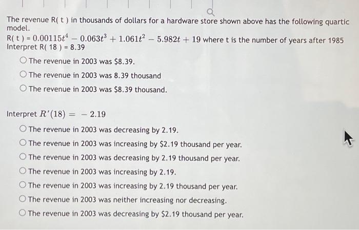 Solved The revenue R(t) in thousands of dollars for a | Chegg.com