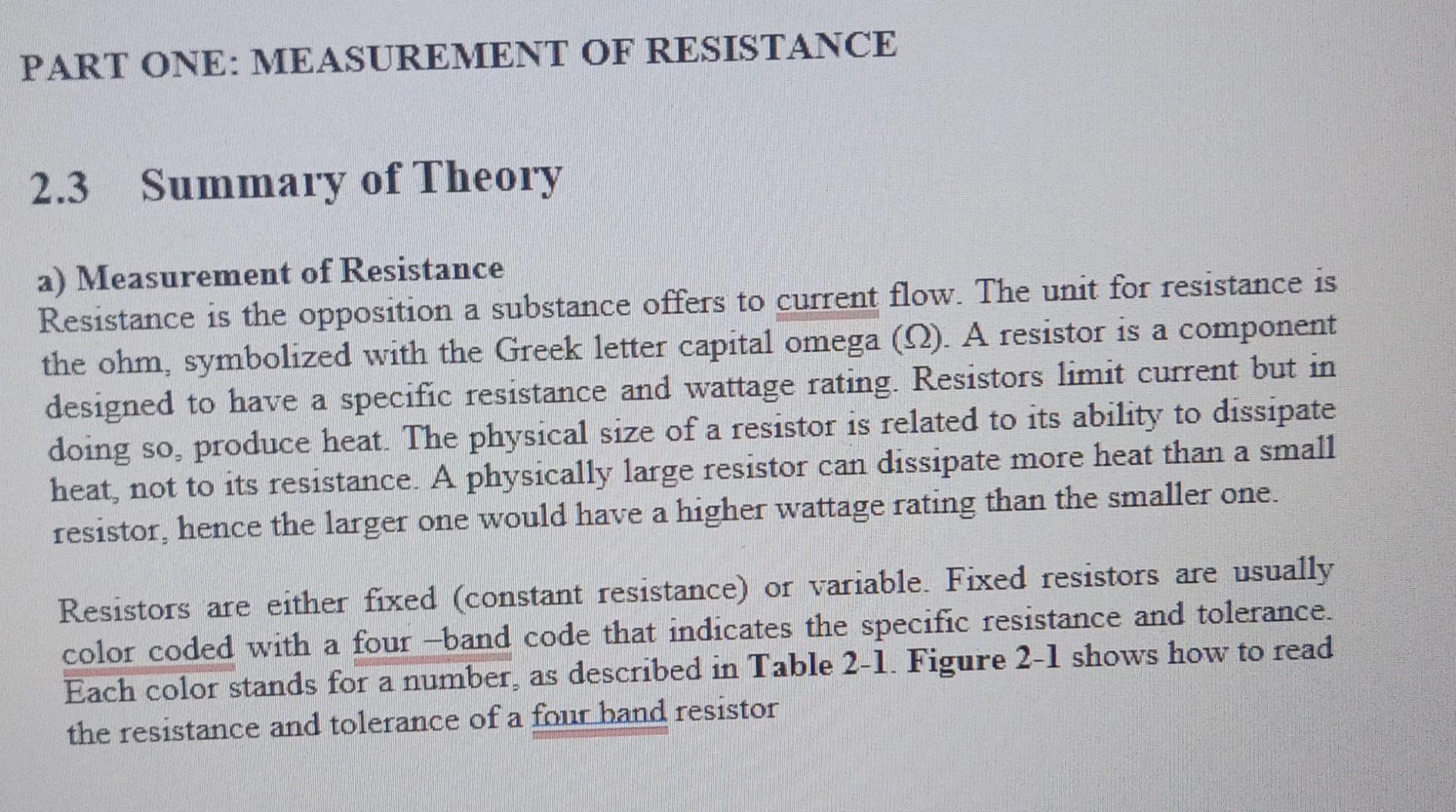 Solved PART ONE: MEASUREMENT OF RESISTANCE 2.3 Summary of | Chegg.com
