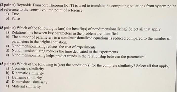 Solved (2 points) Reynolds Transport Theorem (RTT) is used | Chegg.com