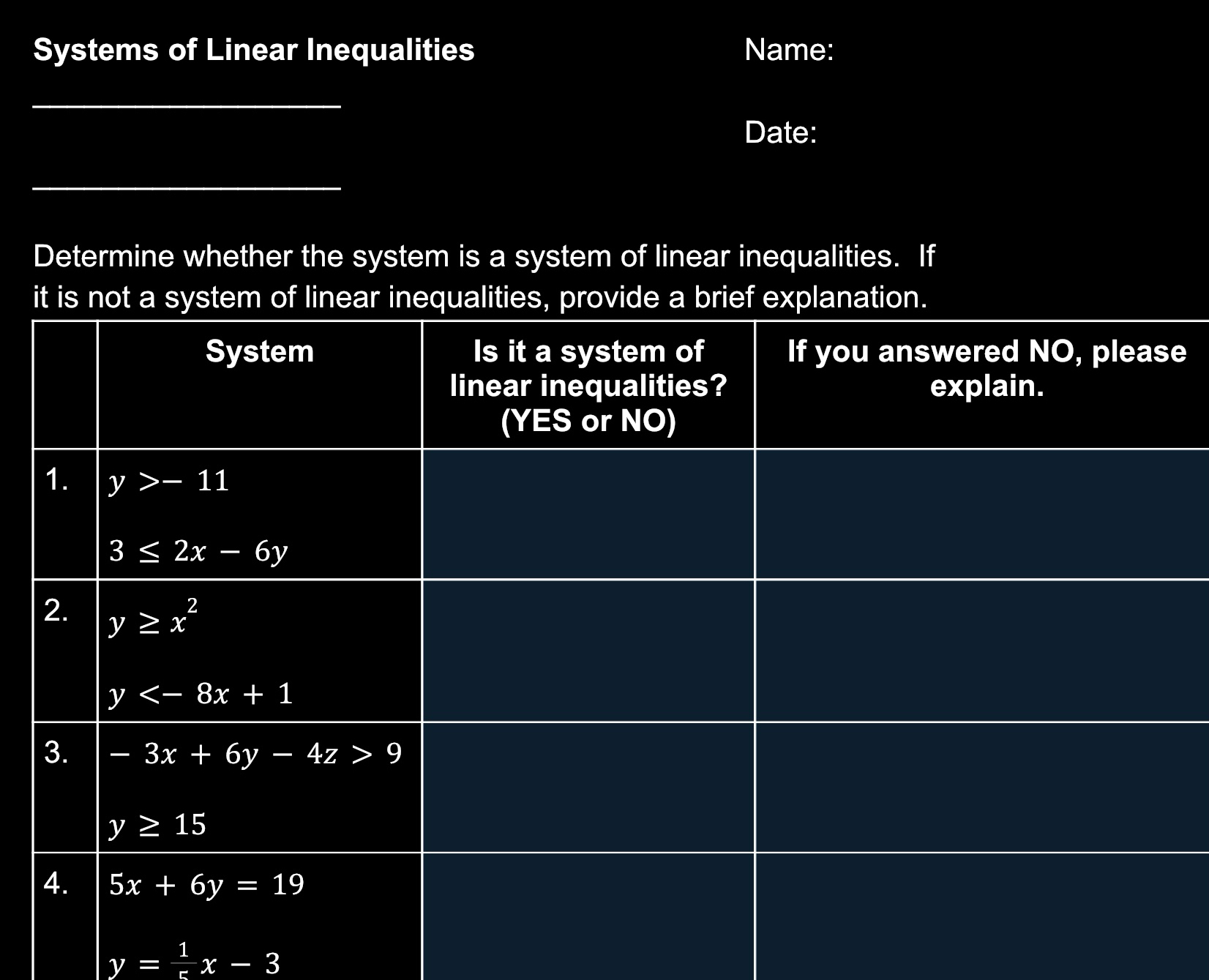 Solved Systems of Linear InequalitiesName:Date:Determine | Chegg.com