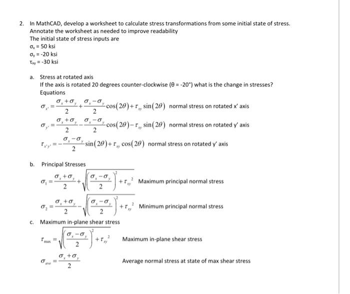 Solved 2. In MathCAD, develop a worksheet to calculate | Chegg.com