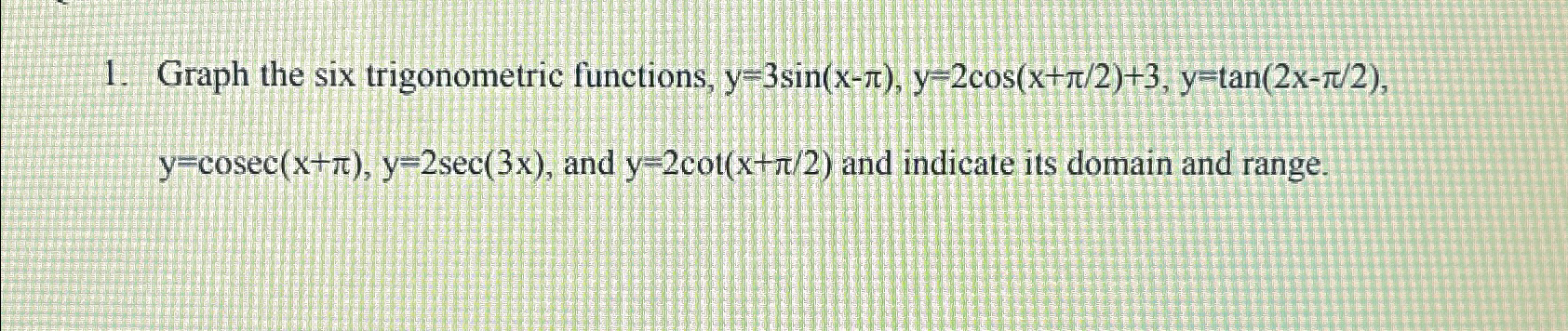 Solved Graph the six trigonometric functions, | Chegg.com