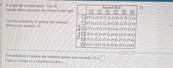 Solved A single die is rolled twice. The 36 equally-likely | Chegg.com
