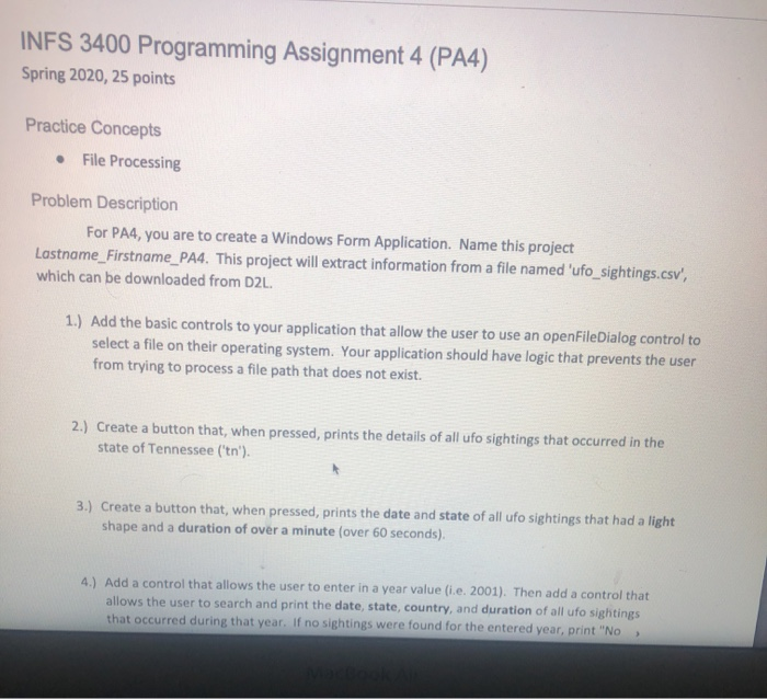 INFS 3400 Programming Assignment 4 (PA4) Spring 2020, | Chegg.com