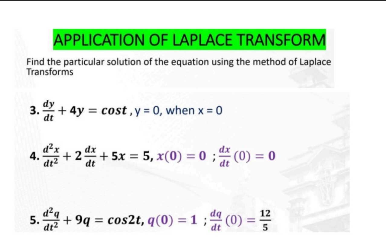 Solved APPLICATION OF LAPLACE TRANSFORMFind the particular | Chegg.com