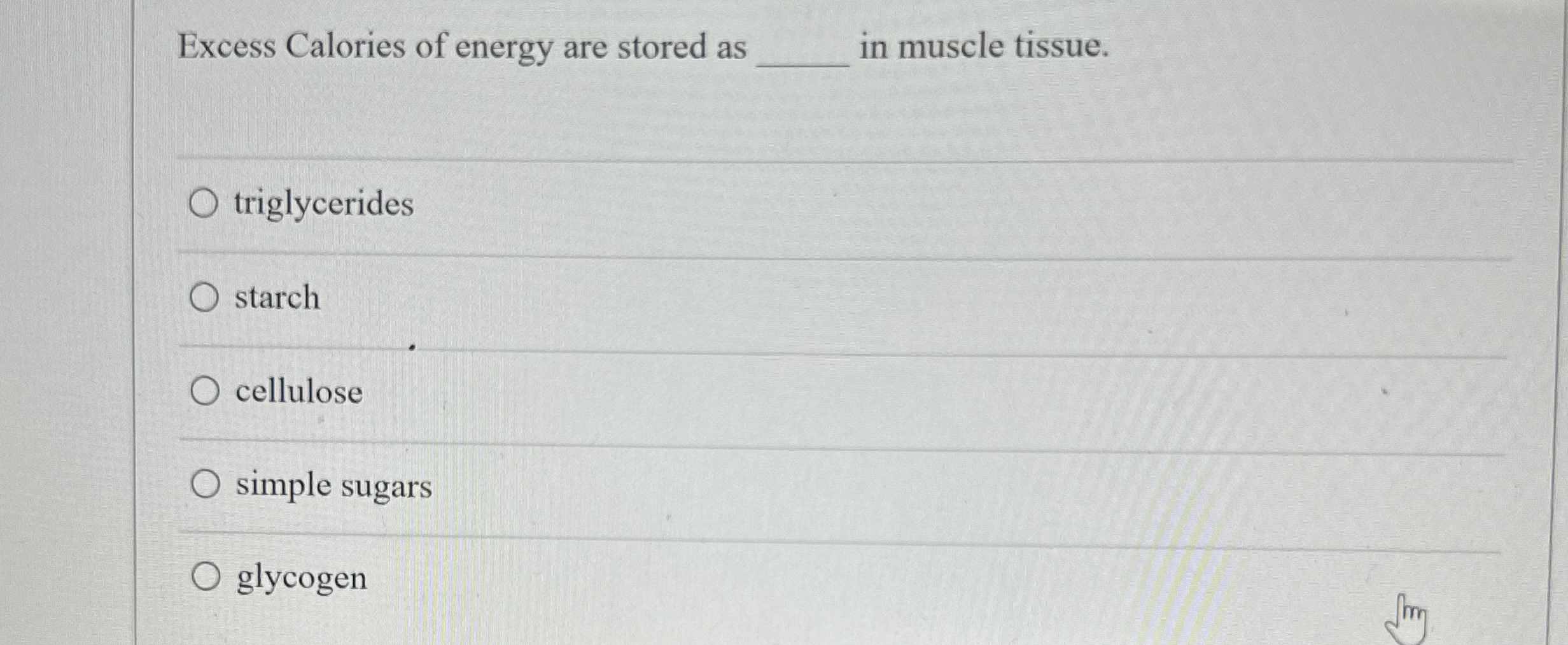 Solved Excess Calories of energy are stored as ﻿in muscle | Chegg.com