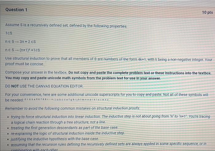 Solved Question 1 10 pts Assume Sis a recursively defined | Chegg.com Solved Question 1 10 pts Assume Sis a recursively defined | Chegg.com