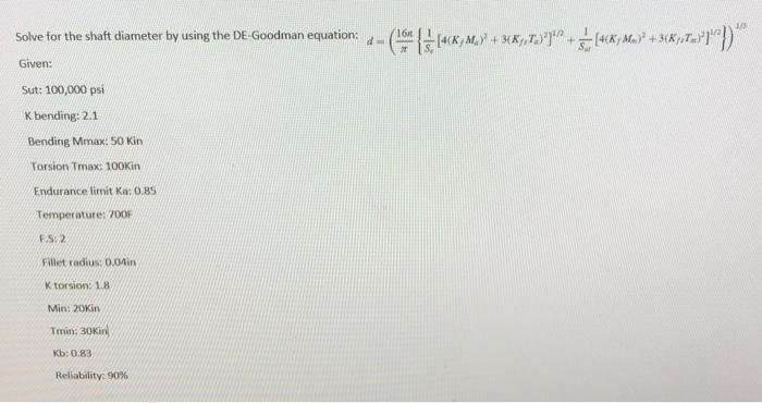 Solved Solve for the shaft diameter by using the DE-Goodman | Chegg.com