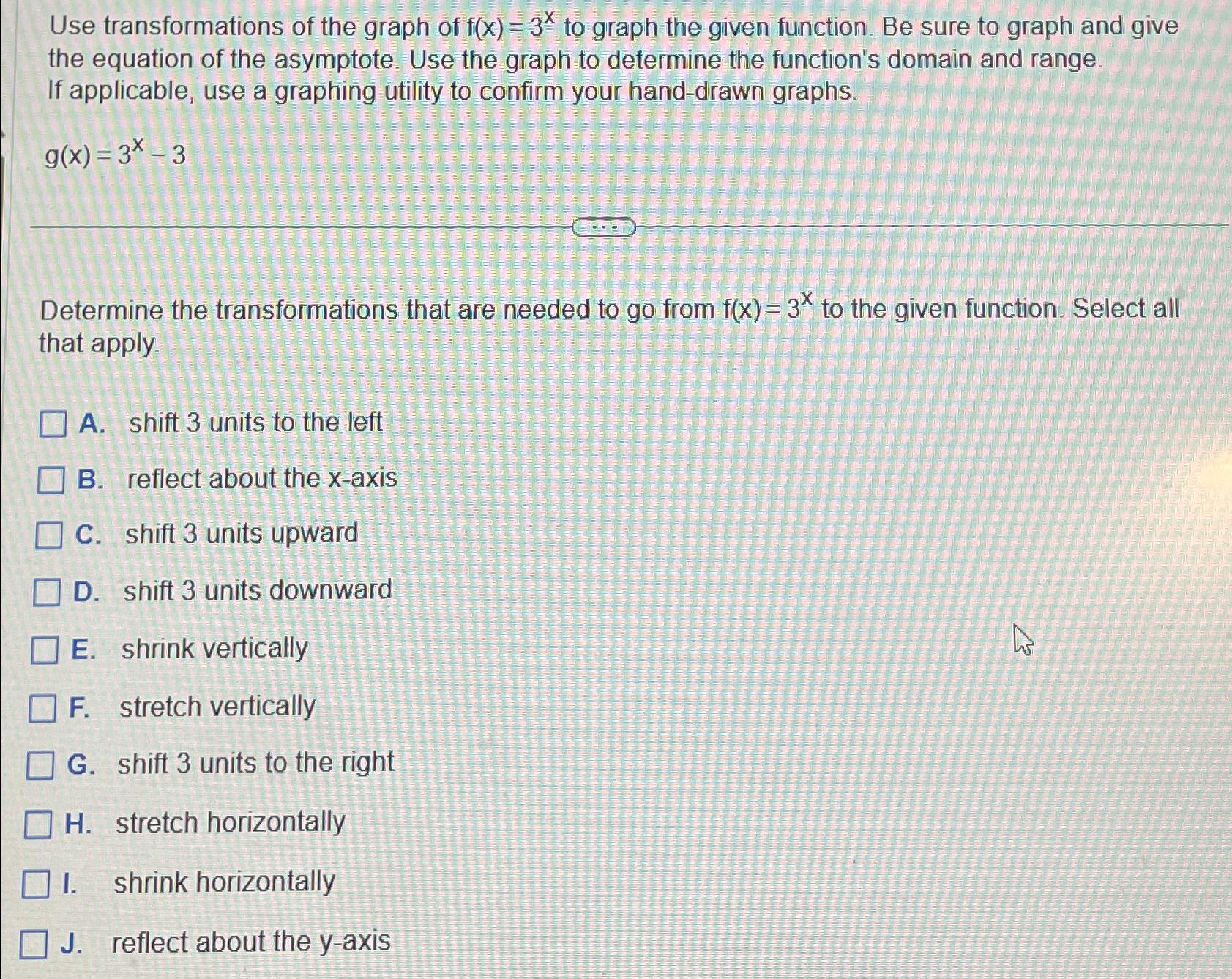 Solved Use transformations of the graph of f(x)=3x ﻿to graph | Chegg.com