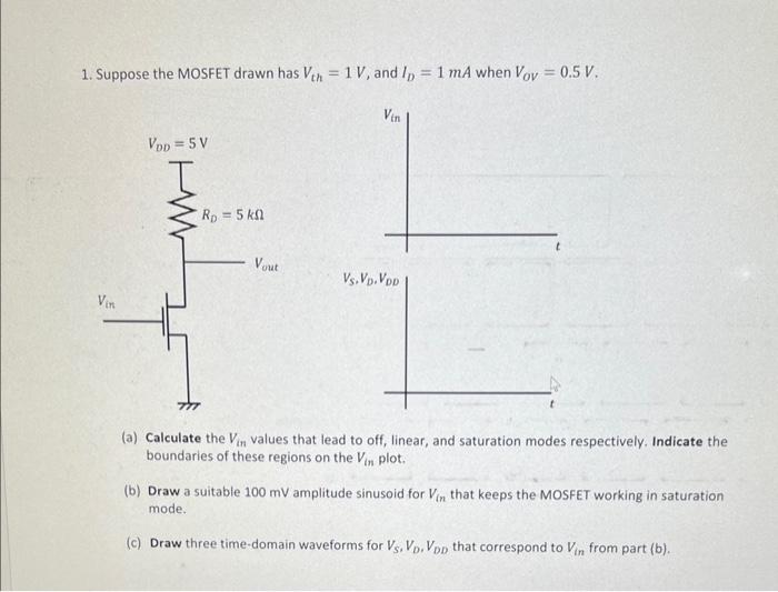 Solved 1. Suppose the MOSFET drawn has Vth=1 V, and ID=1 mA | Chegg.com