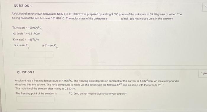 Solved A solution of an unknown nonvolatile NON ELECTROLYTE | Chegg.com