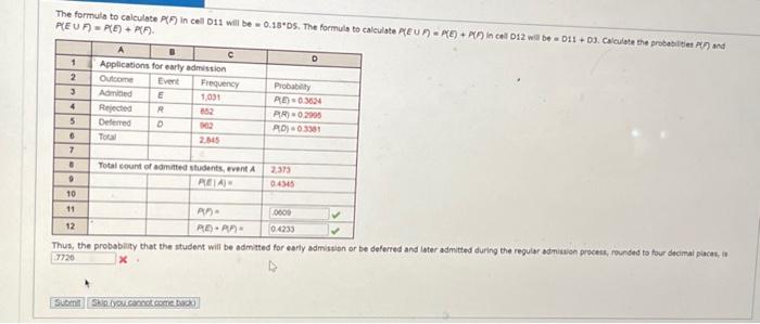 Solved The formula to calculate P(F) in cell D11 will be = | Chegg.com