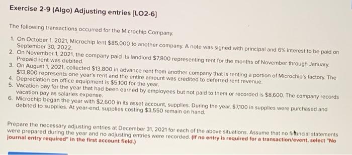 Solved Exercise 2-9 (Algo) Adjusting entries (LO2-6) The | Chegg.com