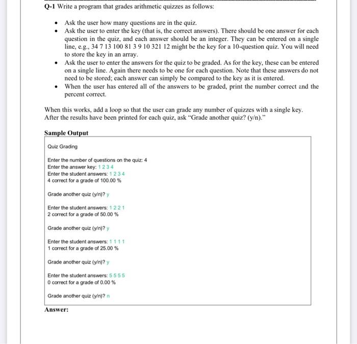 Solved Q-1 Write a program that grades arithmetic quizzes as | Chegg.com
