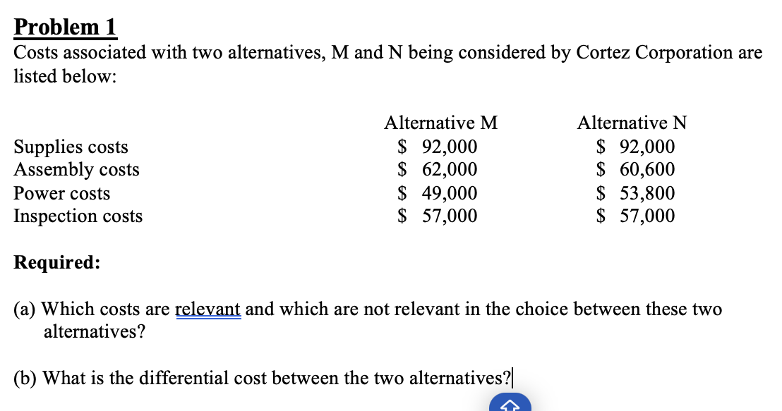 Solved Problem 1Costs associated with two alternatives, M | Chegg.com