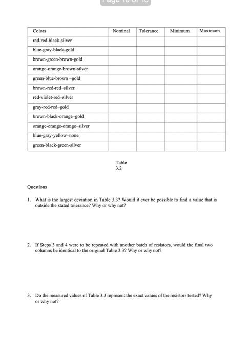 Solved Colors Nominal Tolerance Minimum Maximum | Chegg.com