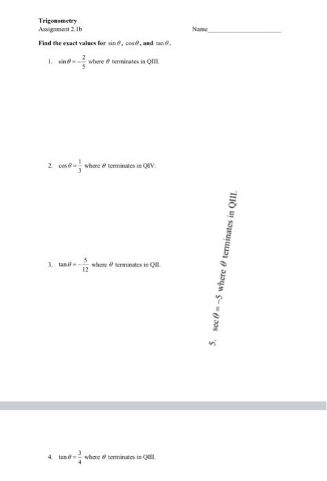 Solved Nume Trigonometry Assignment 2. 1b Find the exact | Chegg.com