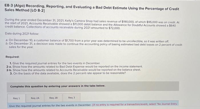 Solved E8-3 (Algo) Recording, Reporting, and Evaluating a | Chegg.com