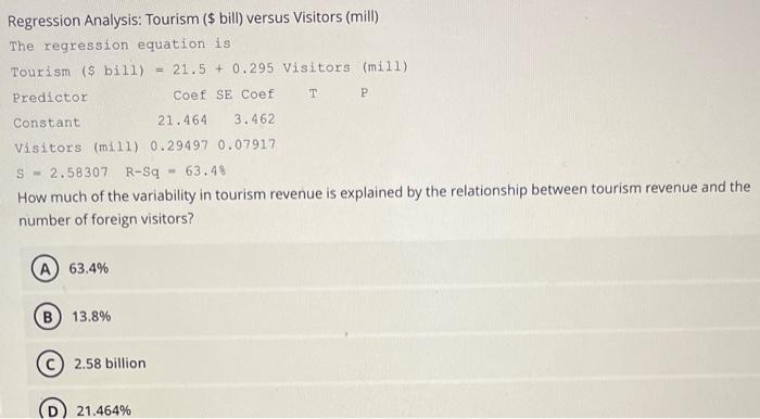 Solved Regression Analysis Tourism Bill Versus